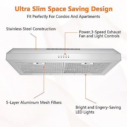 Range Hood 30 inch, 600 CFM Under Cabinet Range Hood with Strong Suction for Duct/Ductless Convertible, Stainless Steel Kitchen Hood with 3 Speed Exhaust Fan and Two Bright LED Lights