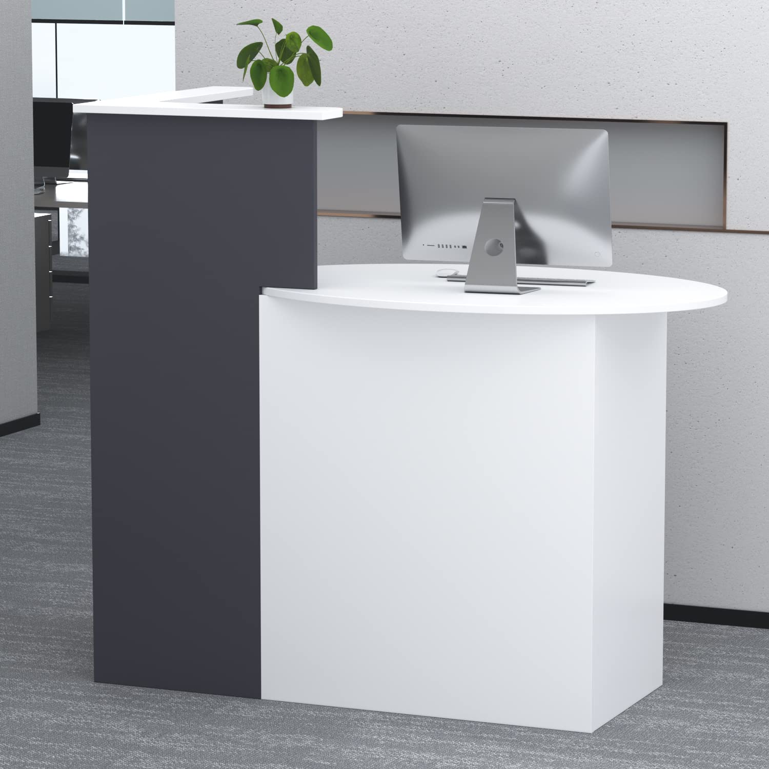 ECACAD Reception Desk with Lockable Drawer and Open Shelves, Office Desk Reception Counter Table, Dark Grey and White (50”W x 22.2”D x 43.3”H)