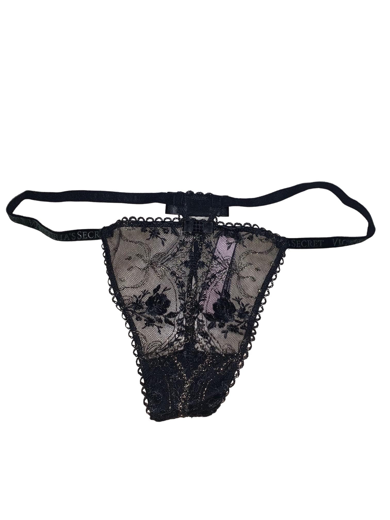 Victoria's Secret Very Sexy Rose and Bows V-String Panty Color Black New (X-Small)