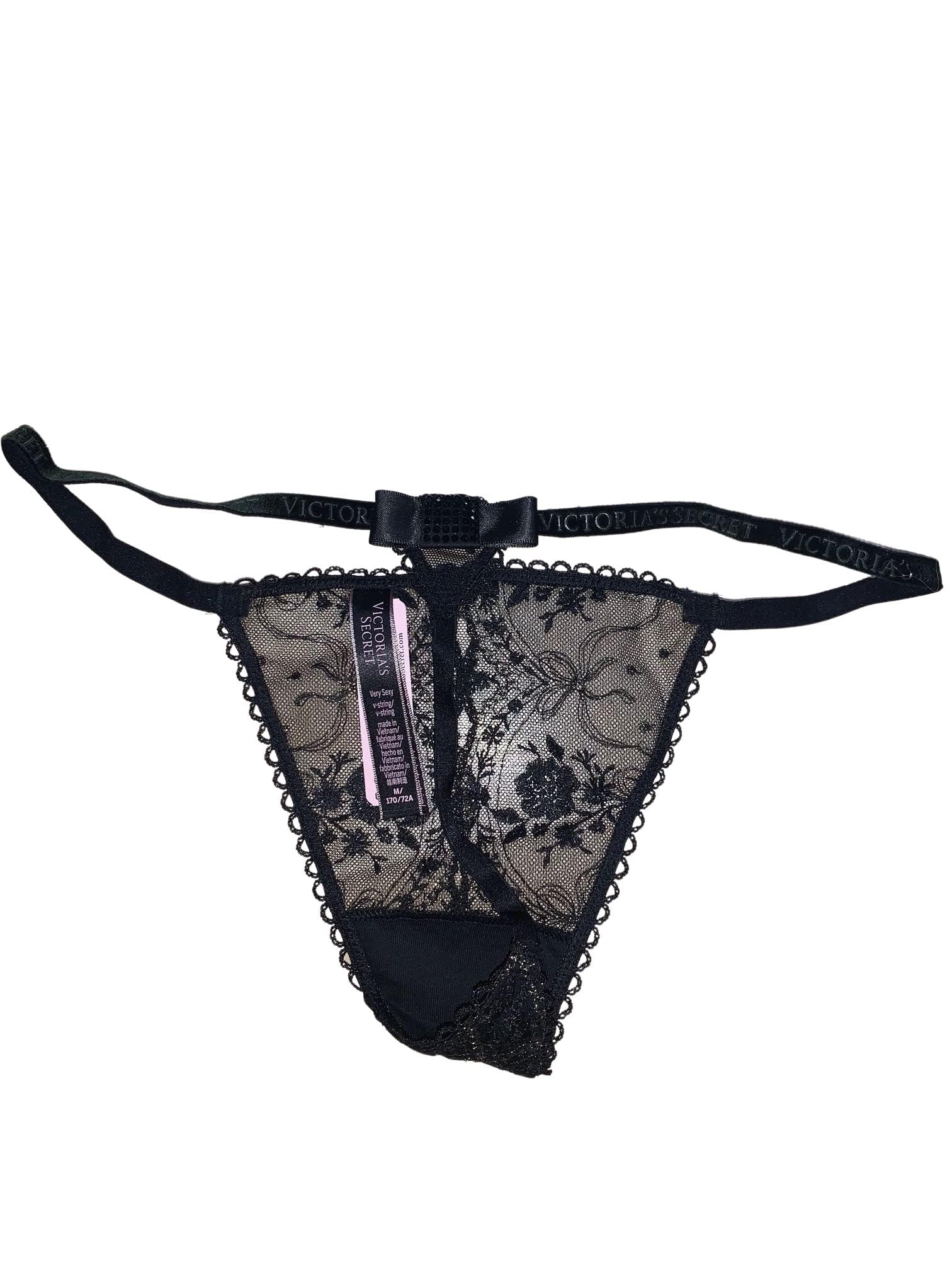Victoria's Secret Very Sexy Rose and Bows V-String Panty Color Black New (X-Small)