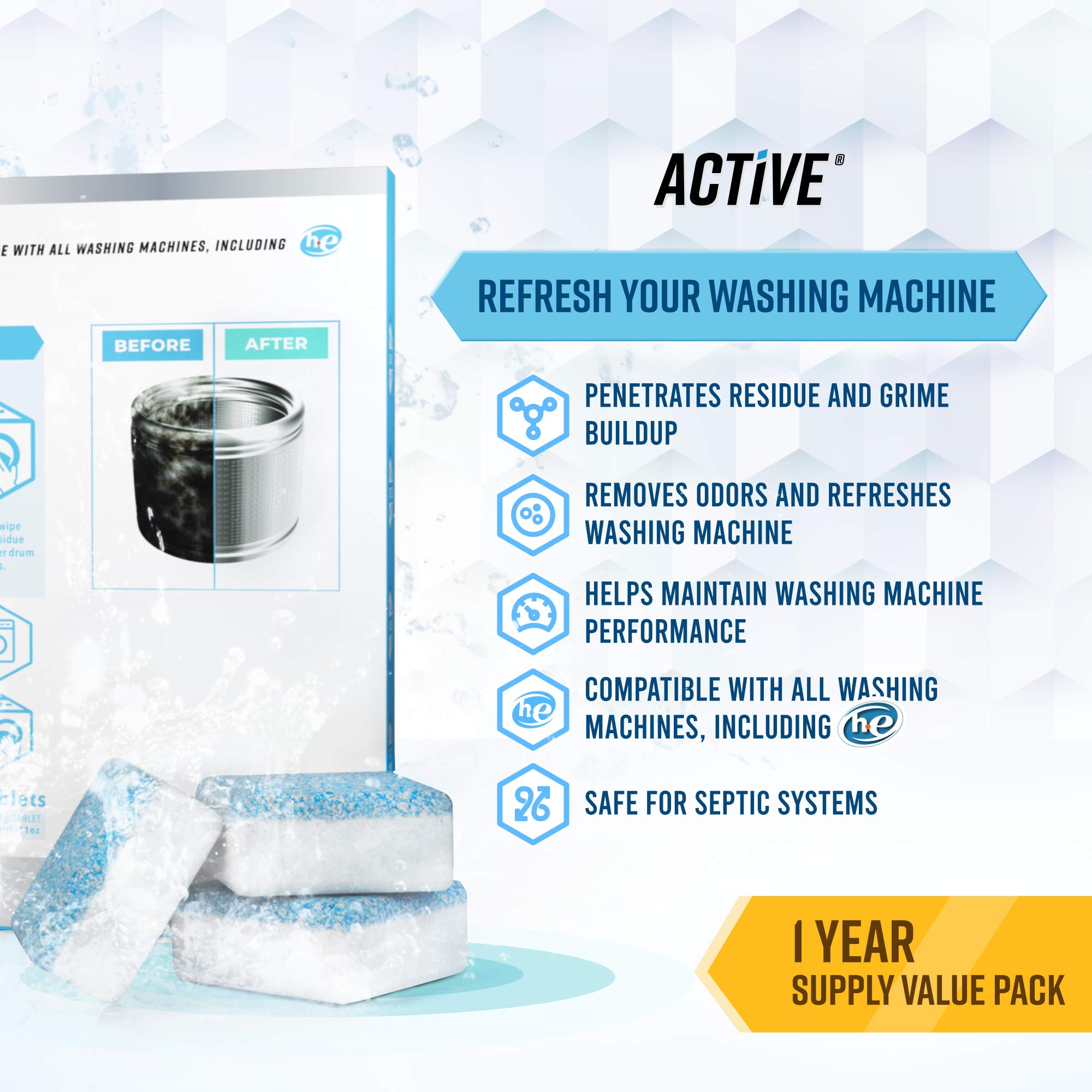ACTIVE Washing Machine And Dishwasher Cleaning Tablets Bundle - Includes 12 Month Supply Dishwasher Cleaner Deodorizer & Washing Machine Descaler Deep Cleaning Tablets - 48 Tablet Combo