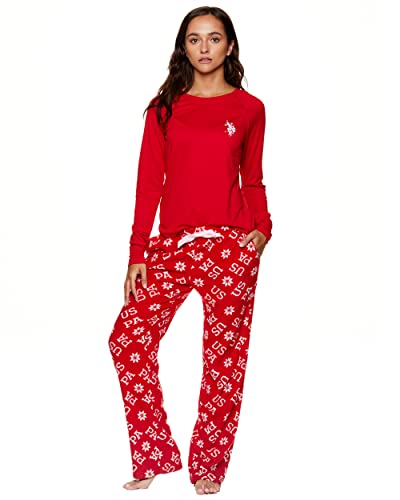 U.S. Polo Assn. 2-Piece Pajamas for Women Set, Long Sleeve PJ Sets for Women, Ladies Sleepwear (Red, Large)