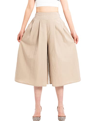 Lisskolo Linen Pants for Women Cropped Wide Leg Elastic Waist Casual Culottes Pants with Pockets Khaki XL