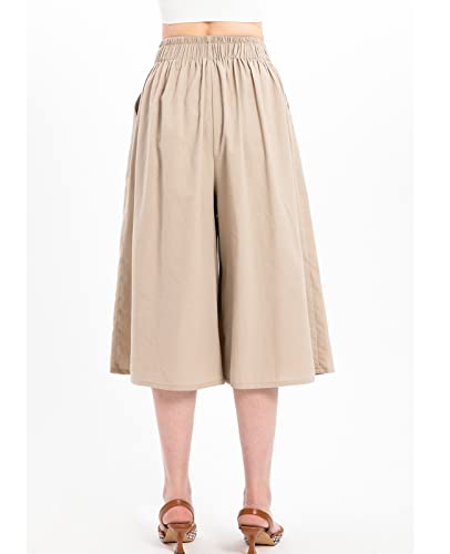 Lisskolo Linen Pants for Women Cropped Wide Leg Elastic Waist Casual Culottes Pants with Pockets Khaki XL