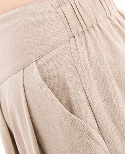 Lisskolo Linen Pants for Women Cropped Wide Leg Elastic Waist Casual Culottes Pants with Pockets Khaki XL