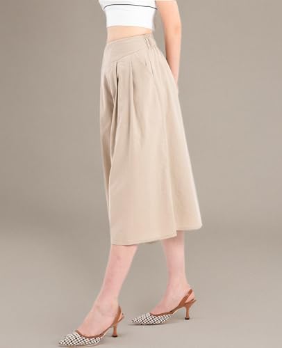 Lisskolo Linen Pants for Women Cropped Wide Leg Elastic Waist Casual Culottes Pants with Pockets Khaki XL