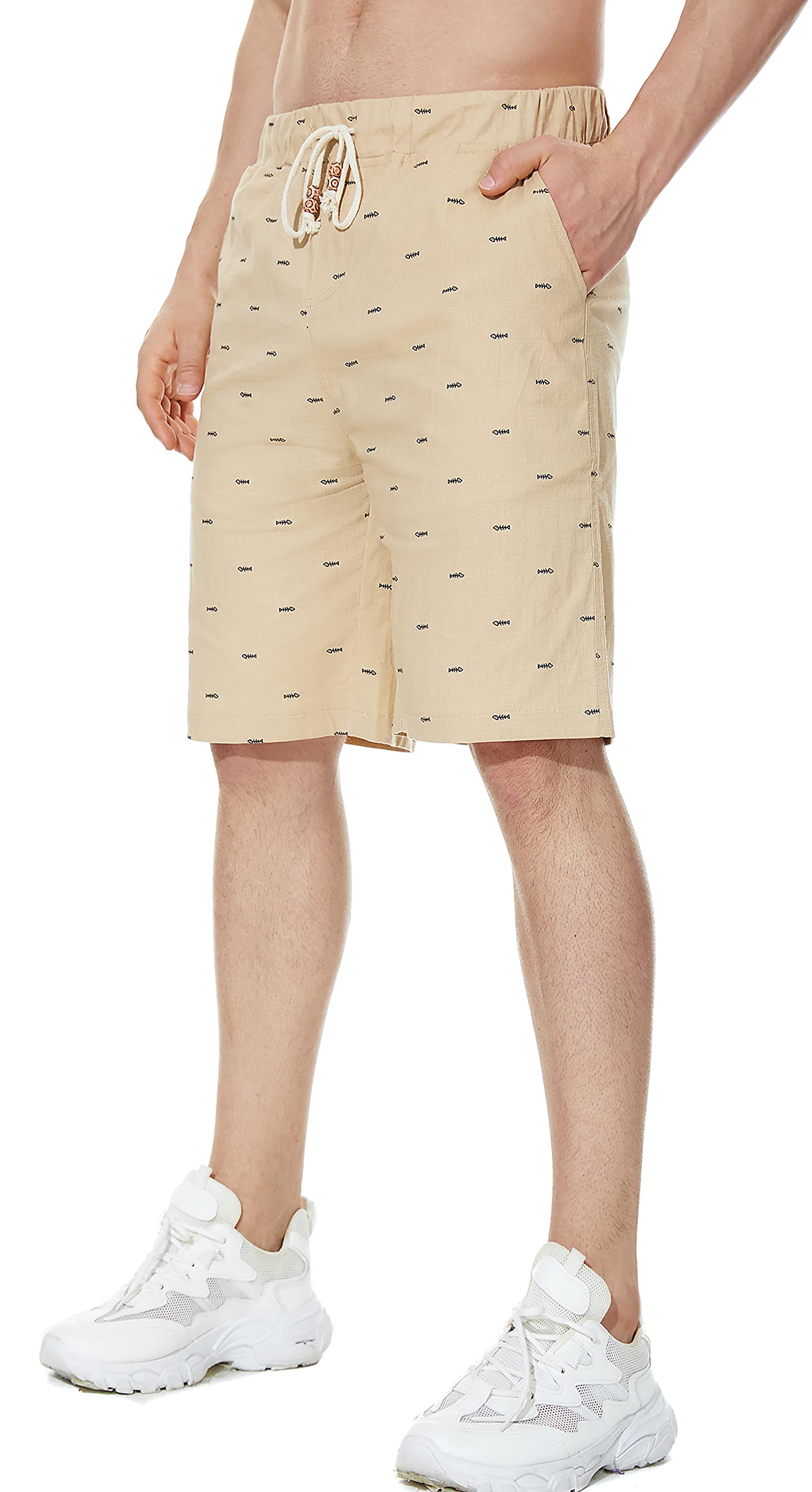 YUANYI Men's Linen Casual Classic Fit Short Summer Beach Shorts with Elastic Waist and Pockets Khaki Fish Bone 2XL