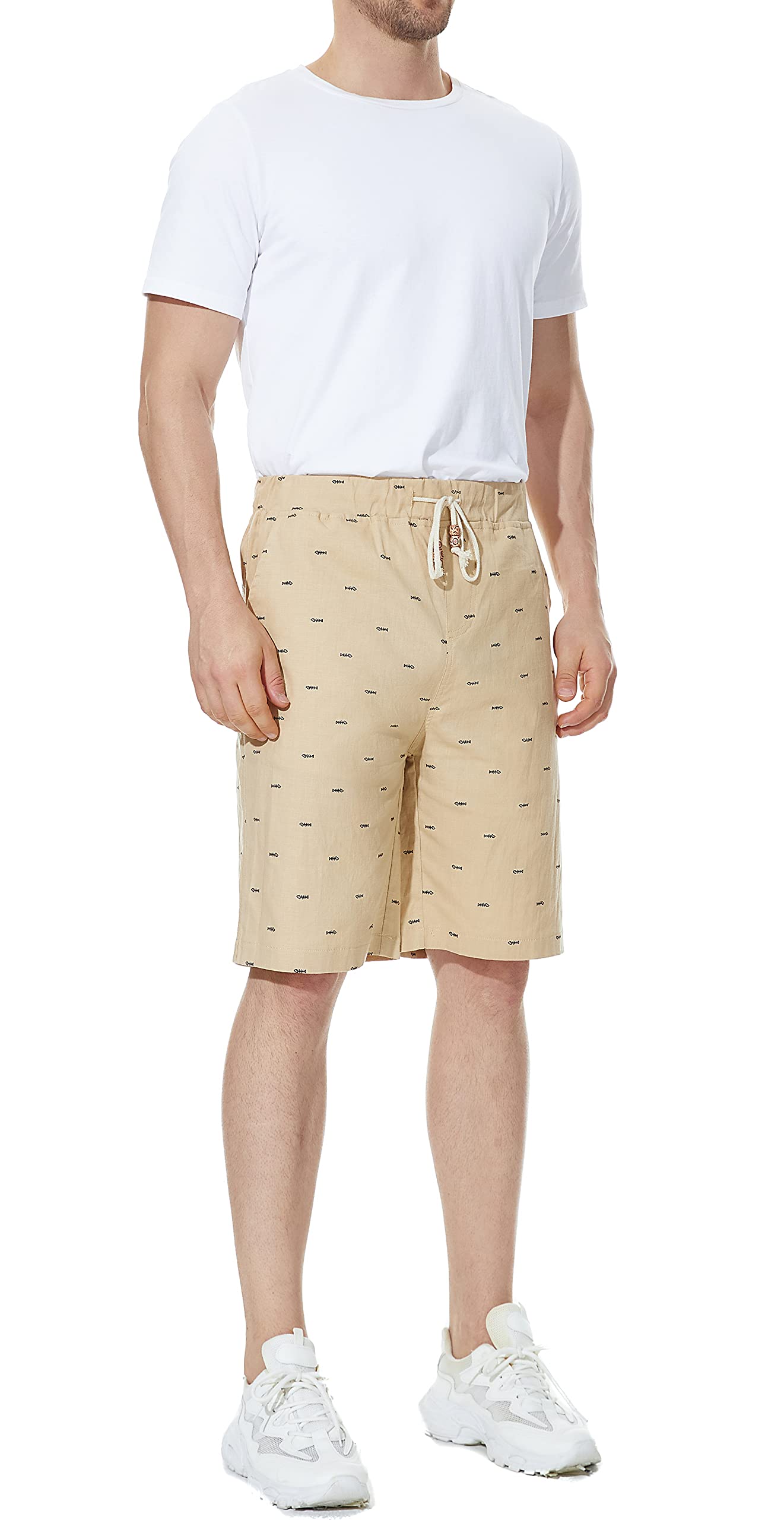 YUANYI Men's Linen Casual Classic Fit Short Summer Beach Shorts with Elastic Waist and Pockets Khaki Fish Bone 2XL