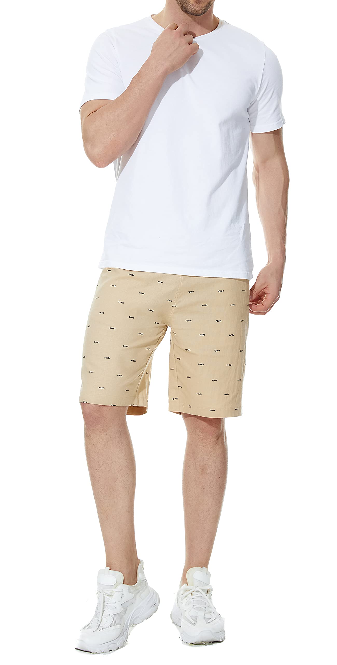 YUANYI Men's Linen Casual Classic Fit Short Summer Beach Shorts with Elastic Waist and Pockets Khaki Fish Bone 2XL