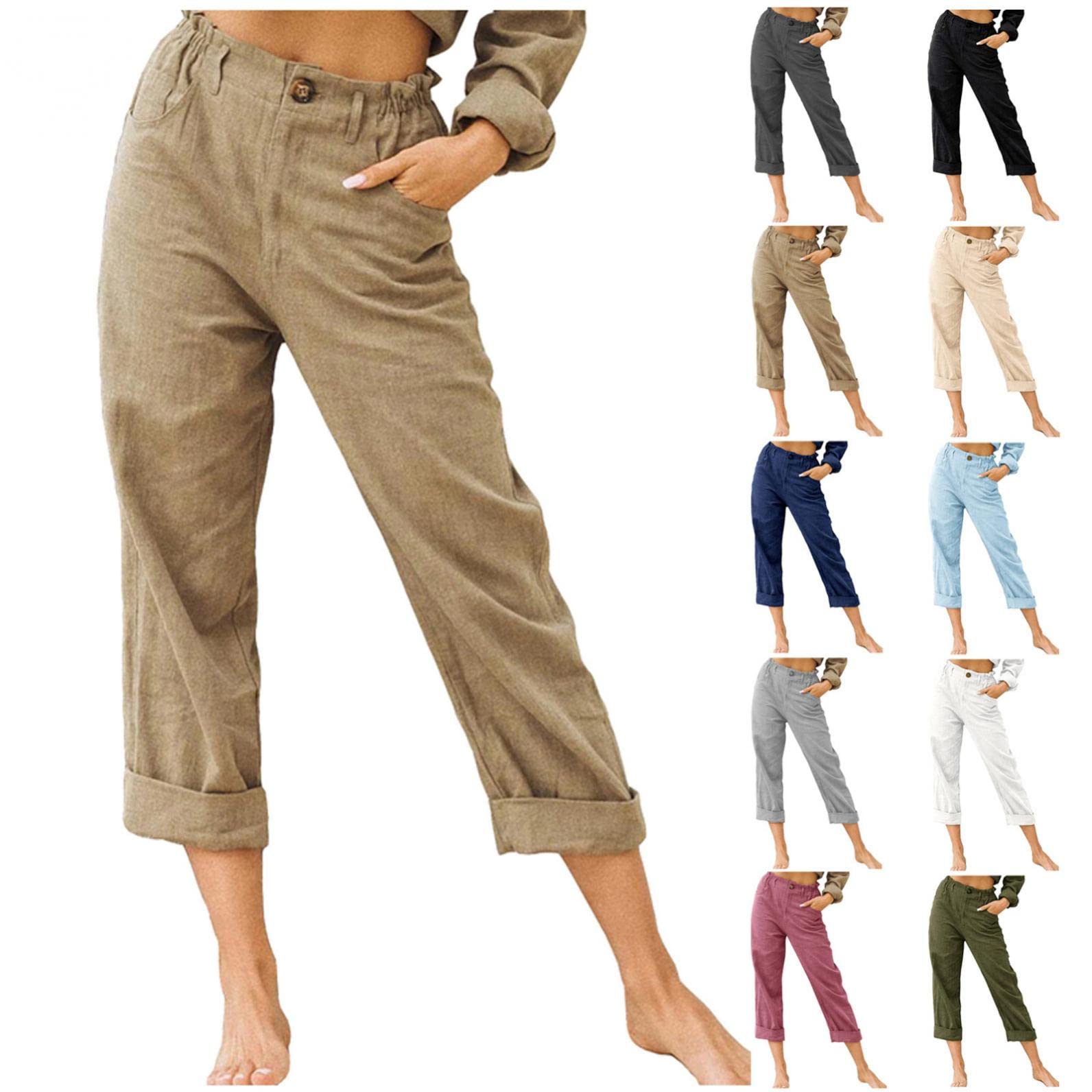Leirke Womens Linen Buttons Cropped Pants High Elastic Waist with Pockets for Summer Casual Work Crop Pants Stretch Capris(White,XX-Large)