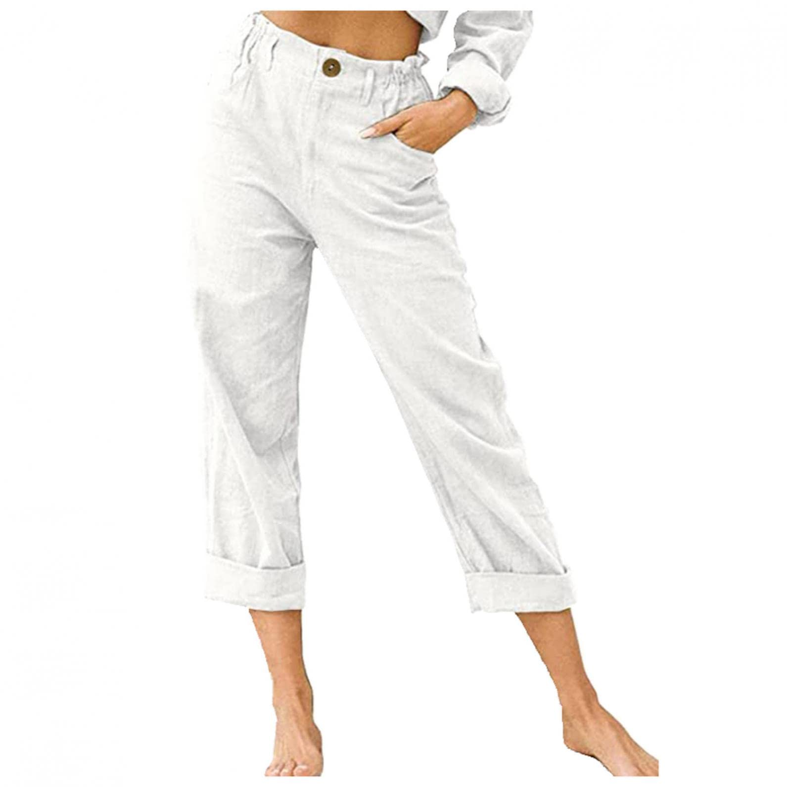 Leirke Womens Linen Buttons Cropped Pants High Elastic Waist with Pockets for Summer Casual Work Crop Pants Stretch Capris(White,XX-Large)