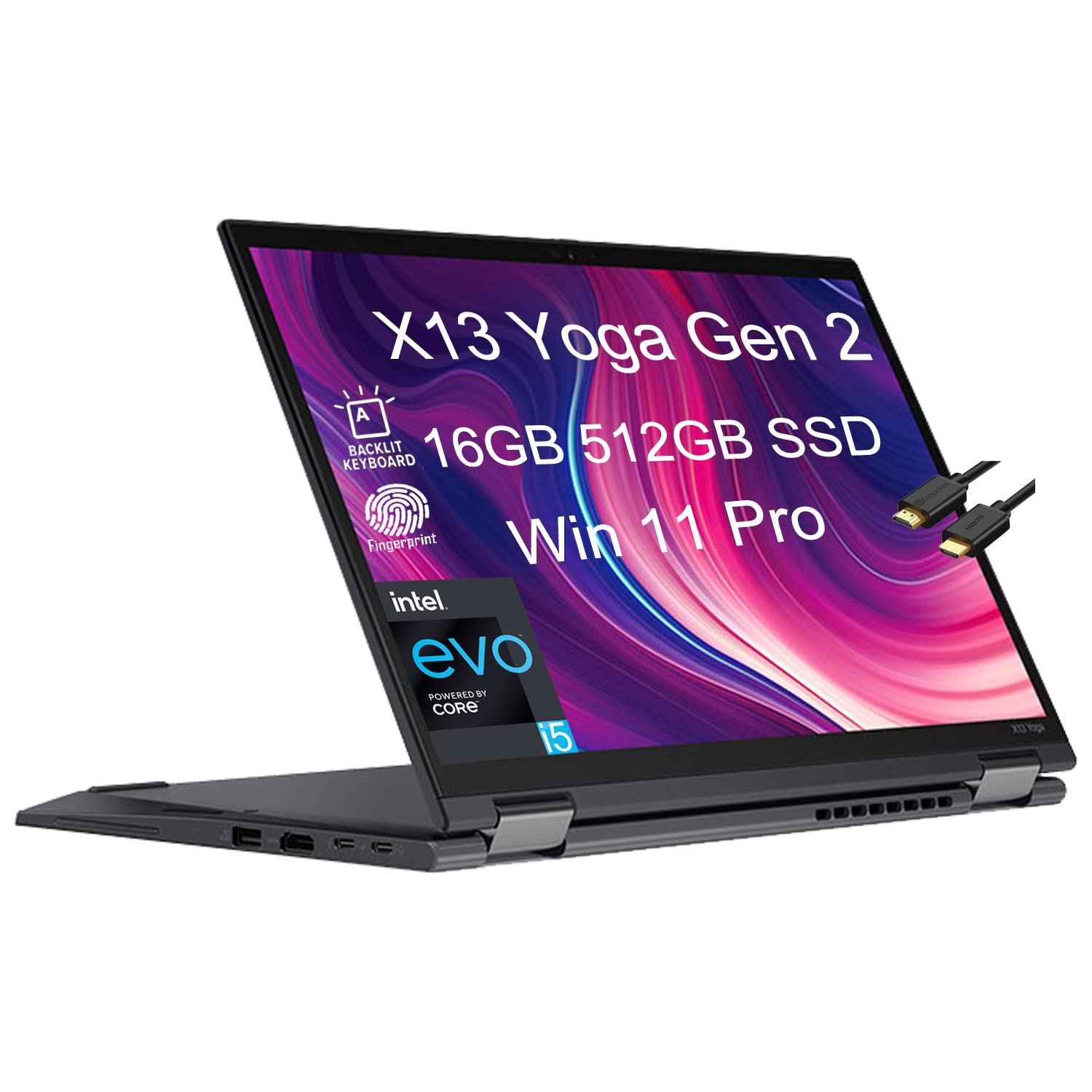 Lenovo ThinkPad X13 Yoga Gen 2 13.3" WUXGA 2-in-1 Touchscreen (Intel 4-Core i5-1145G7, 16GB RAM, 512GB SSD) Business Laptop, Thunderbolt 4, Backlit, Fingerprint, 3-Yr Warranty, IST Cable, Win 11 Pro