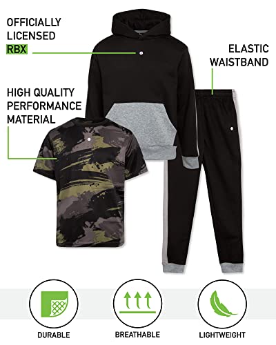 RBX Boys' Active Sweatsuit Set - 3 Piece Fleece Zip Up Hoodie, Athletic T-Shirt, and Jogger Sweatpants for Boys (Sizes: 8-12), Size 10, Black