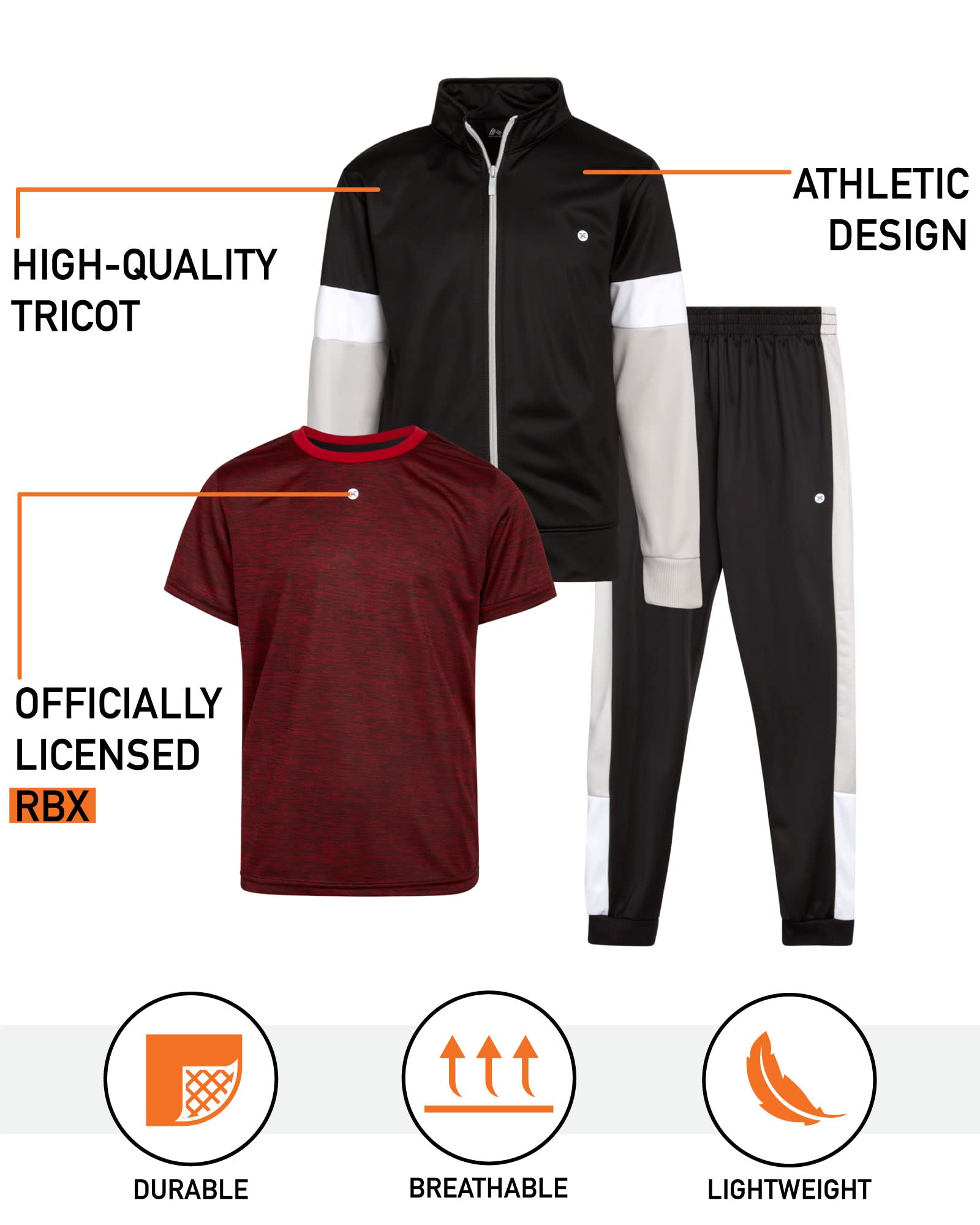 RBX Boys' Jogger Set - 3 Piece Tricot Sweatshirt, Sweatpants, and T-Shirt Tracksuit (8-12), Size 8, Black Red Space Dye
