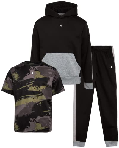 RBX Boys' Active Sweatsuit Set - 3 Piece Fleece Zip Up Hoodie, Athletic T-Shirt, and Jogger Sweatpants for Boys (Sizes: 8-12), Size 10, Black