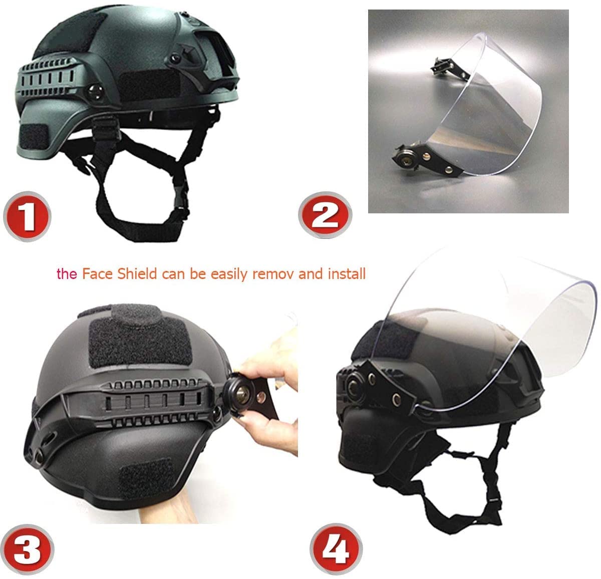 Hunting Explorer Airsoft MICH 2000 ACH Tactical Helmet with Clear Visor NVG Mount and Side Rail, Black, 11.81 x 11.34 x 7.09inch