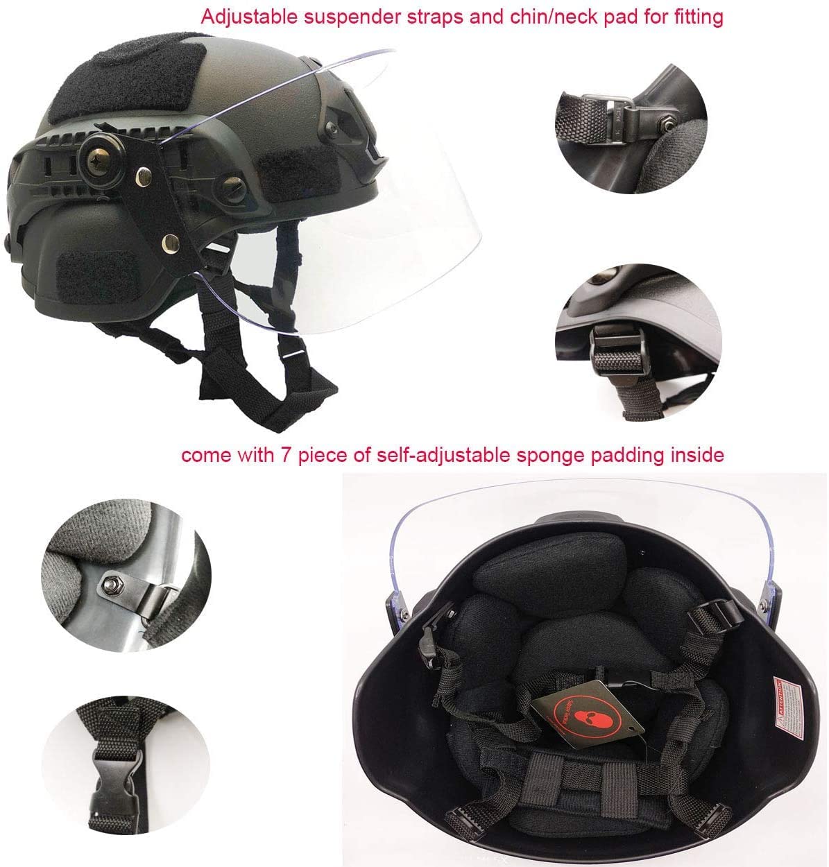 Hunting Explorer Airsoft MICH 2000 ACH Tactical Helmet with Clear Visor NVG Mount and Side Rail, Black, 11.81 x 11.34 x 7.09inch