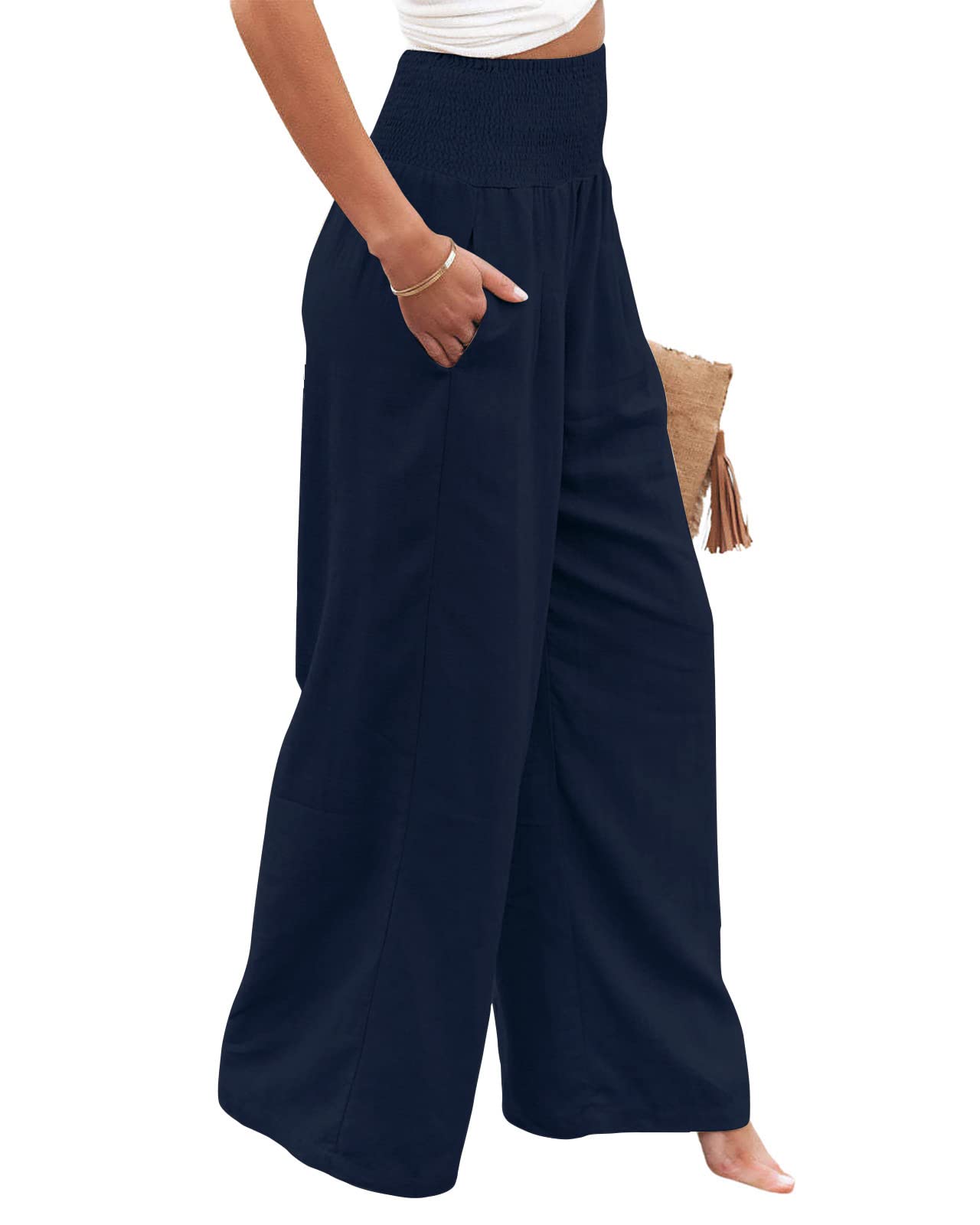 utcoco Womens Wide Leg Linen Palazzo Pants Casual Elastic Waisted Loose Fit Trousers (XXL, Navy Blue)