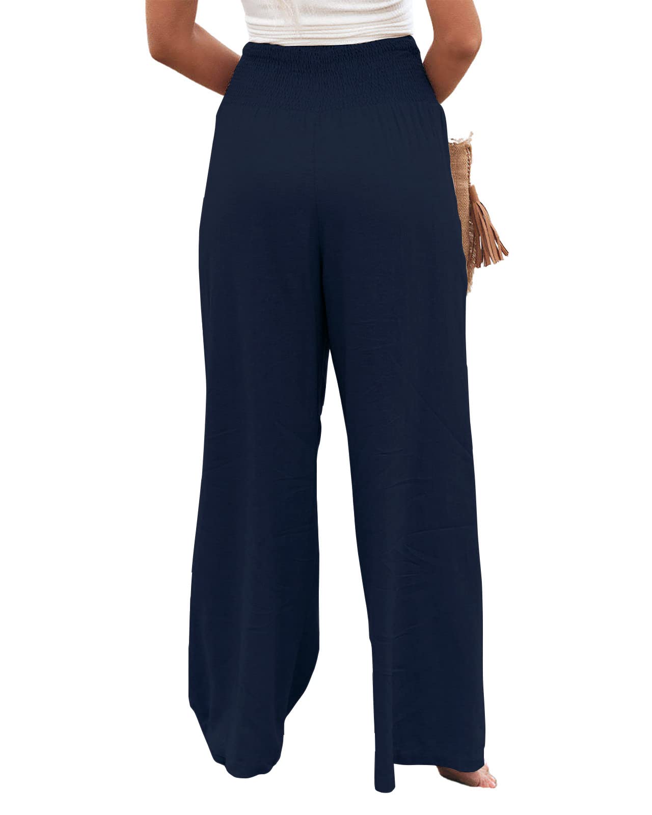 utcoco Womens Wide Leg Linen Palazzo Pants Casual Elastic Waisted Loose Fit Trousers (XXL, Navy Blue)