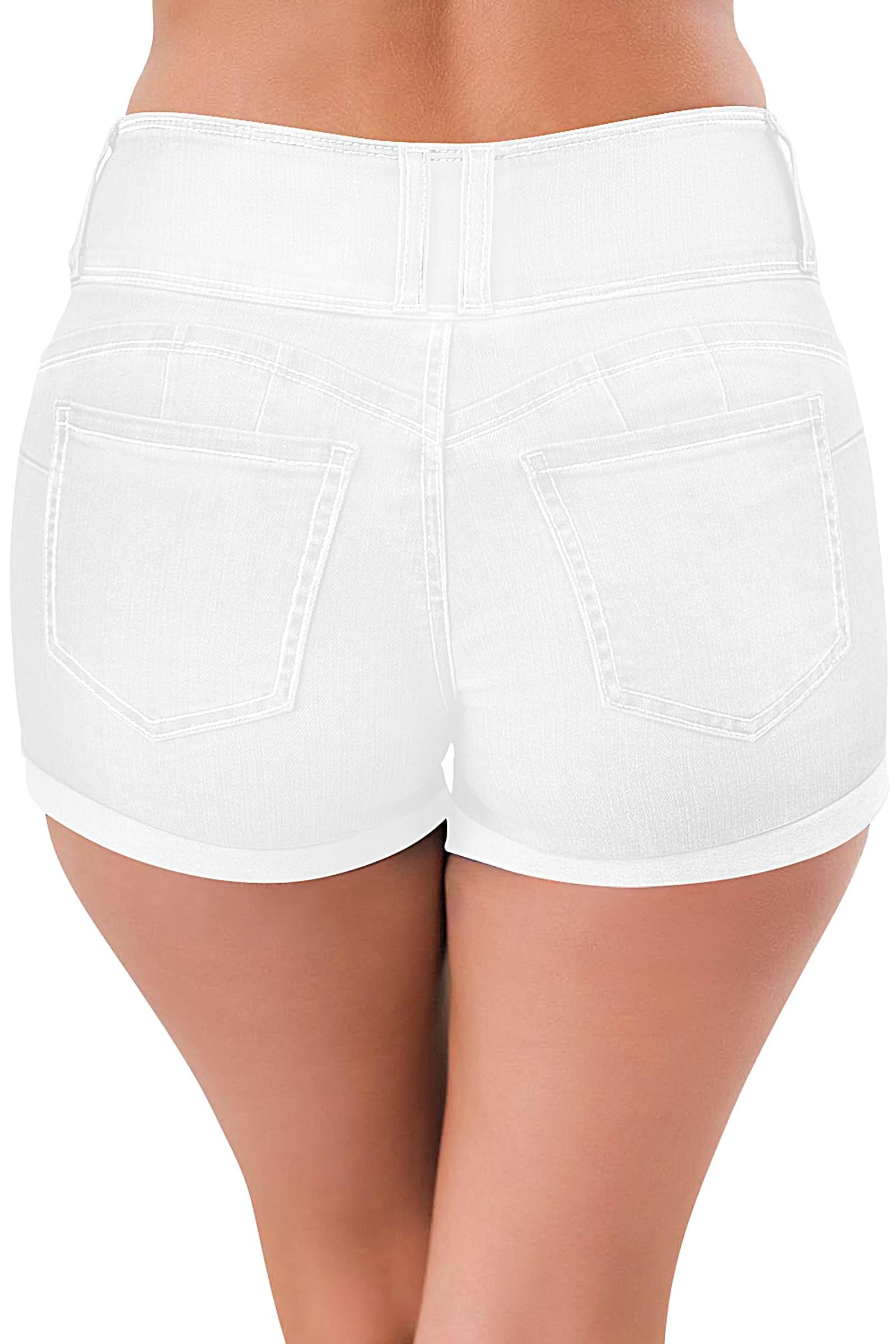 roswear Women's High Waisted Stretchy Denim Shorts Cuffed Jean Shorts White Medium