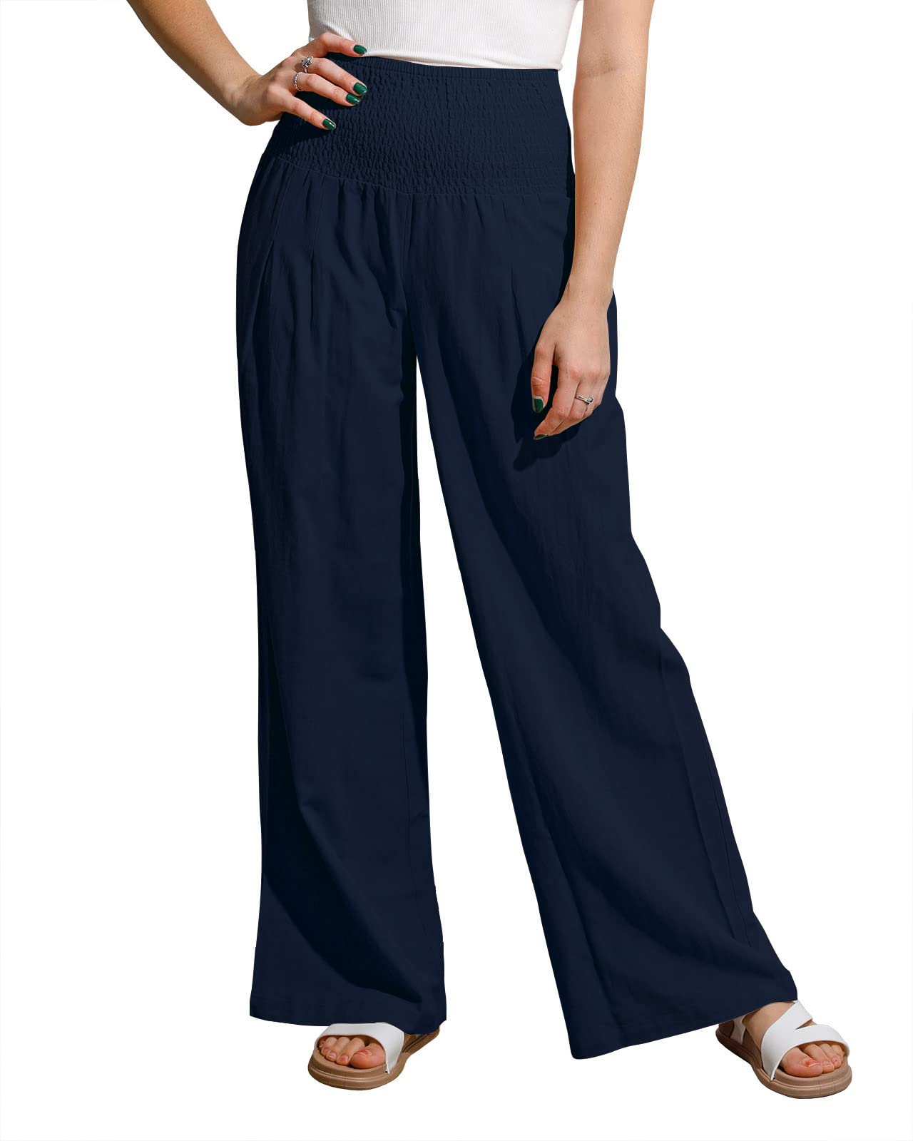 utcoco Womens Wide Leg Linen Palazzo Pants Casual Elastic Waisted Loose Fit Trousers (XXL, Navy Blue)