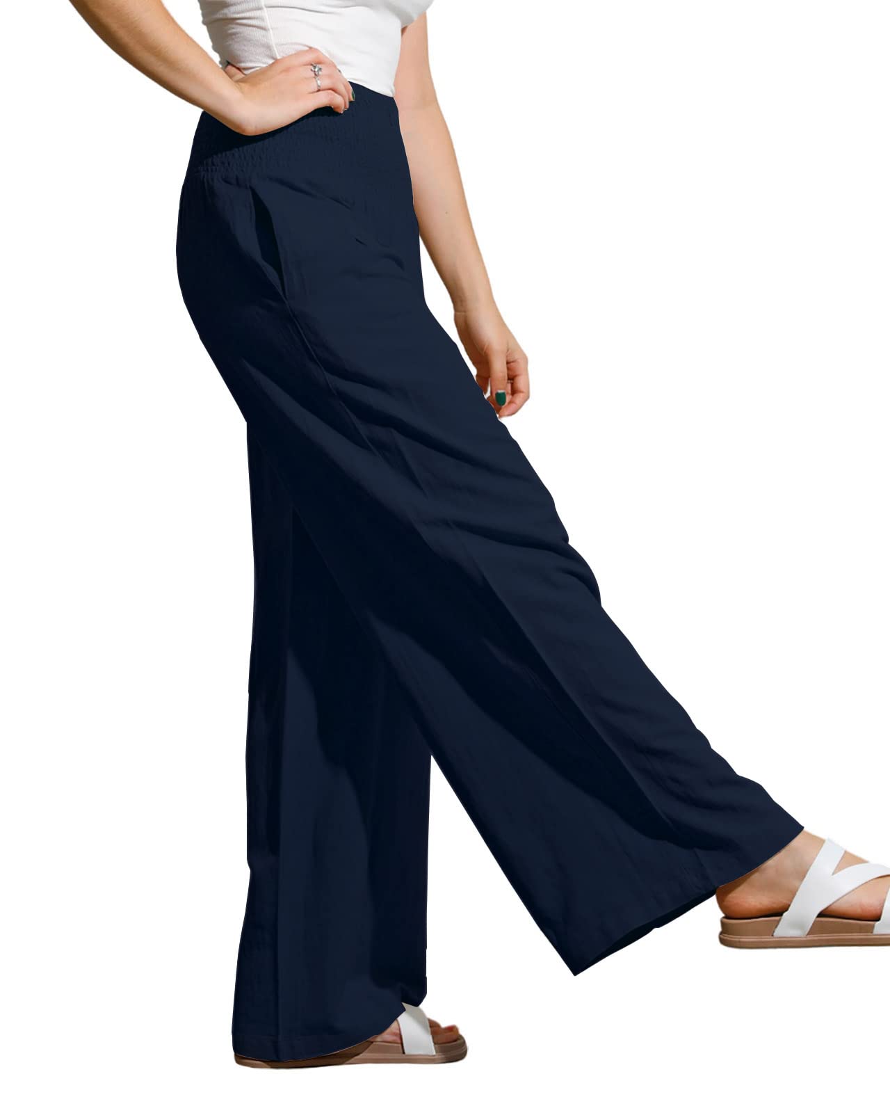 utcoco Womens Wide Leg Linen Palazzo Pants Casual Elastic Waisted Loose Fit Trousers (XXL, Navy Blue)