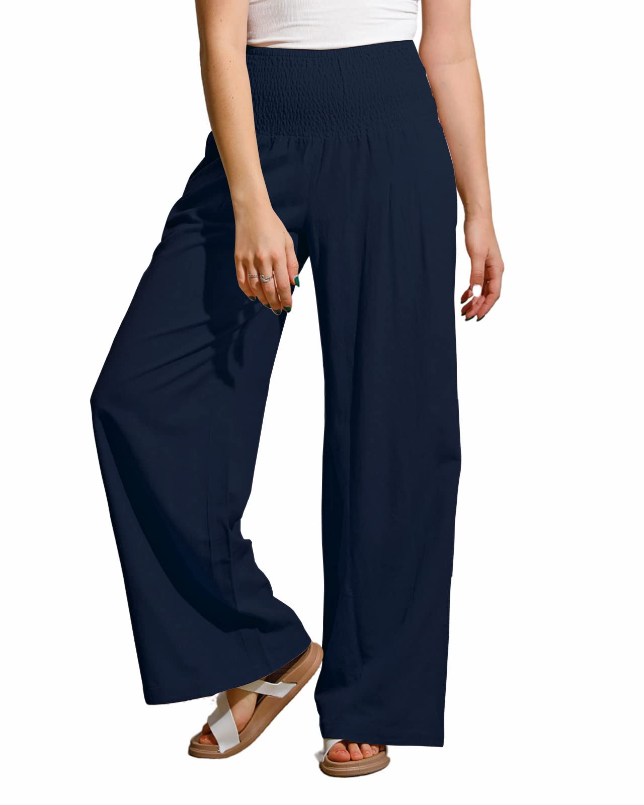 utcoco Womens Wide Leg Linen Palazzo Pants Casual Elastic Waisted Loose Fit Trousers (XXL, Navy Blue)