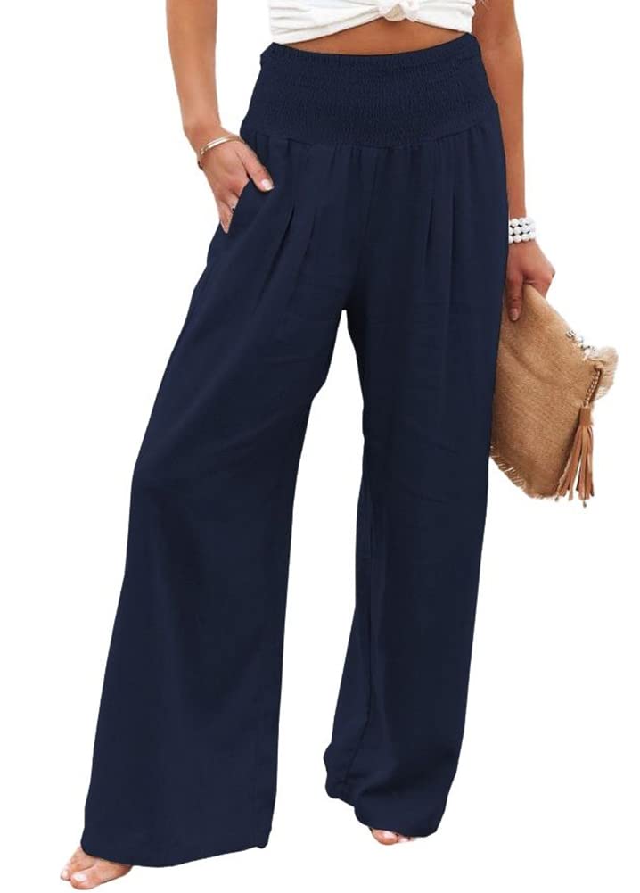 utcoco Womens Wide Leg Linen Palazzo Pants Casual Elastic Waisted Loose Fit Trousers (XXL, Navy Blue)