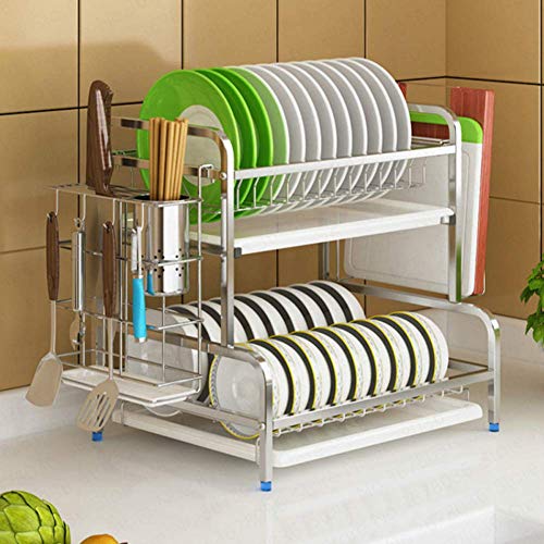 ZJYWMM 304 Stainless Steel Kitchen Dish Drain Rack, Dry Tableware Cupboard Double-Layer Storage Box, with Draining Tray, Storage Knife Cutting Board Holder