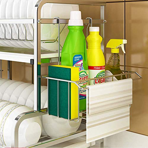 ZJYWMM 304 Stainless Steel Kitchen Dish Drain Rack, Dry Tableware Cupboard Double-Layer Storage Box, with Draining Tray, Storage Knife Cutting Board Holder