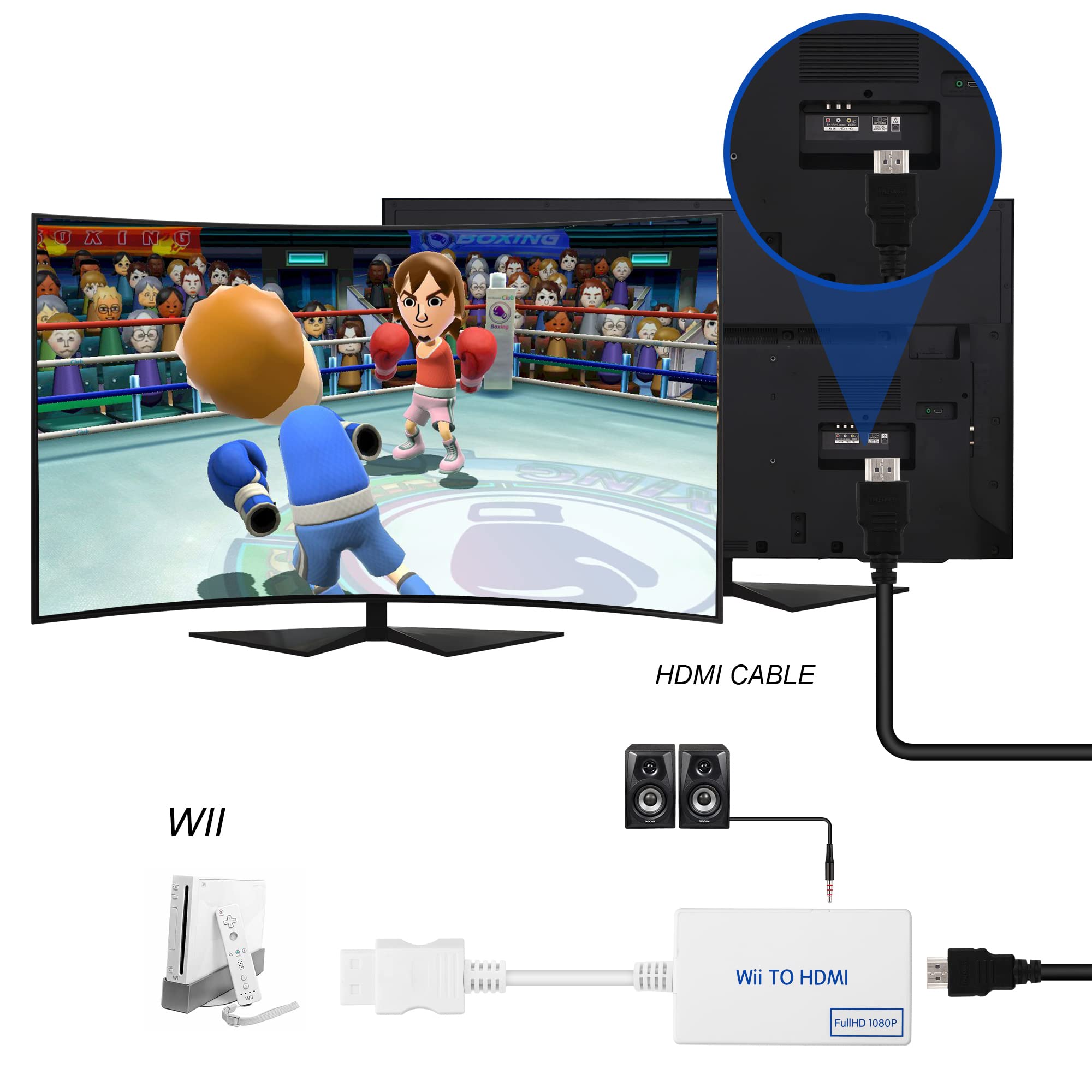 Sheiaier Wii to Hdmi Adapter with HDMI Cable, Wii to Hdmi Converter Supports 3.5mm Audio and HDMI Video Output 720/1080P for Nintendo Wii All Display Modes (White )