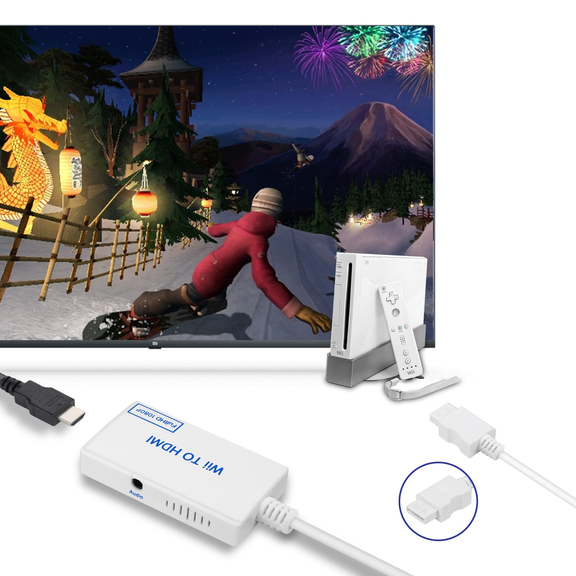 Sheiaier Wii to Hdmi Adapter with HDMI Cable, Wii to Hdmi Converter Supports 3.5mm Audio and HDMI Video Output 720/1080P for Nintendo Wii All Display Modes (White )