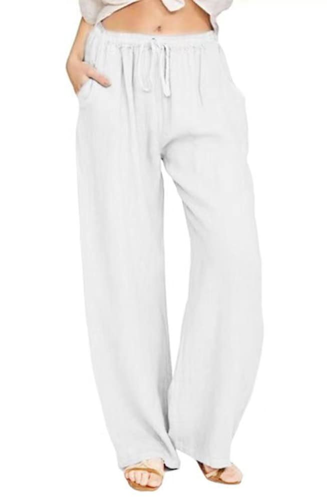 chouyatou Women's Summer Loose Drawstring Waist Beach Linen Wide Leg Pants Palazzo (X-Large, White)