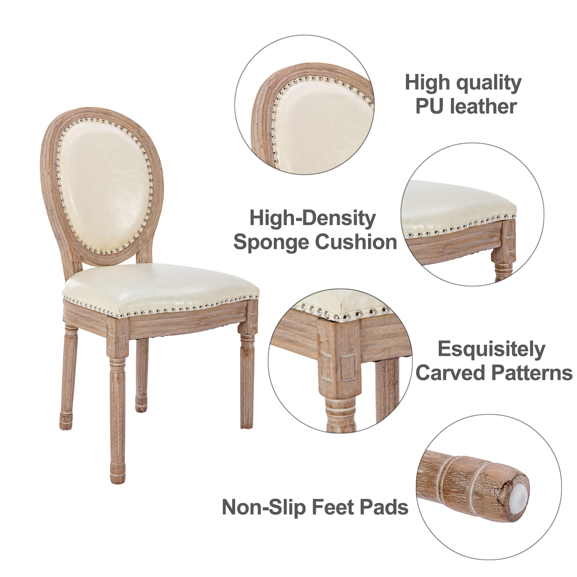Nrizc French Country Dining Chairs Set of 4, Leather Farmhouse Dining Room Chairs with Round Back, Solid Wood Legs, Oval Side Chairs for Kitchen/Bedroom/Dining Room