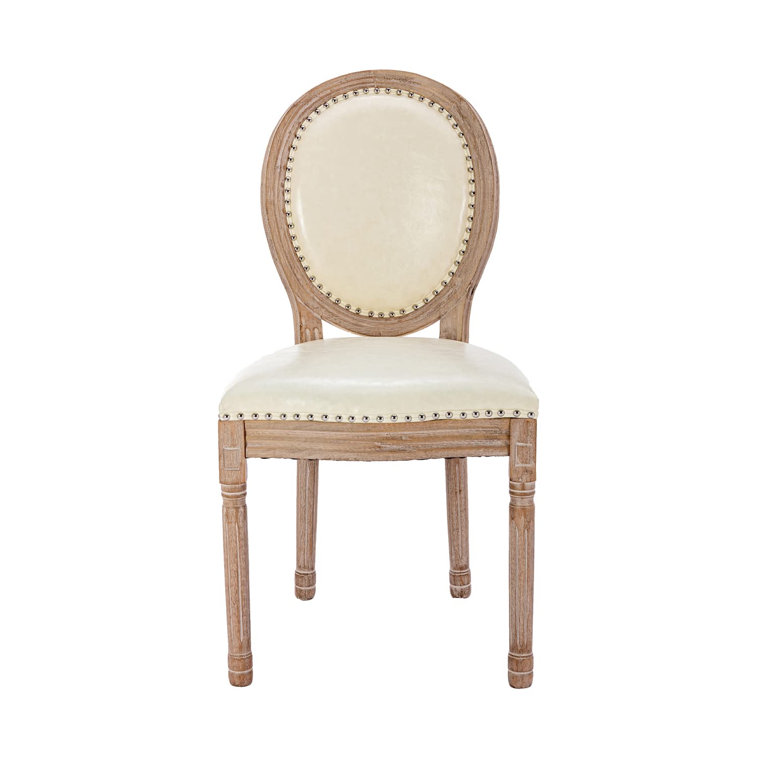 Nrizc French Country Dining Chairs Set of 4, Leather Farmhouse Dining Room Chairs with Round Back, Solid Wood Legs, Oval Side Chairs for Kitchen/Bedroom/Dining Room