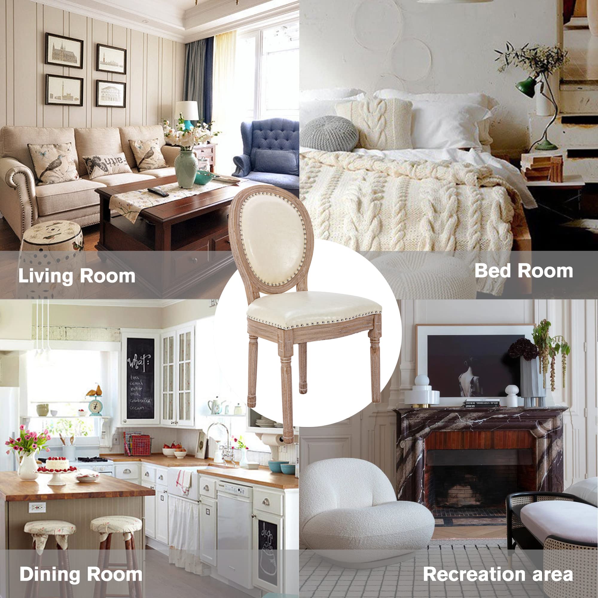 Nrizc French Country Dining Chairs Set of 4, Leather Farmhouse Dining Room Chairs with Round Back, Solid Wood Legs, Oval Side Chairs for Kitchen/Bedroom/Dining Room