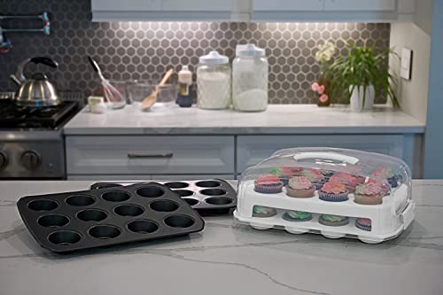 Top Shelf Elements Cupcake Carrier With Two Muffin Pan/Cupcake Pan Stylish Cupcake Carrier With Handle Carrier Holds 24 Cupcakes Muffin Tin Makes 12 Cupcakes each Non Stick Cupcake Tray For Baking