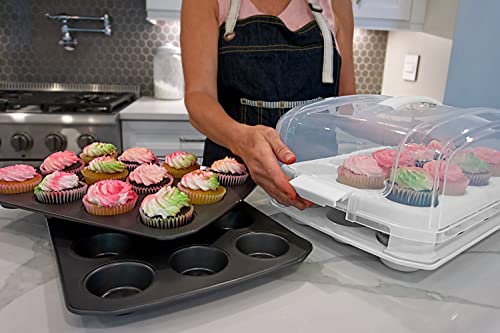 Top Shelf Elements Cupcake Carrier With Two Muffin Pan/Cupcake Pan Stylish Cupcake Carrier With Handle Carrier Holds 24 Cupcakes Muffin Tin Makes 12 Cupcakes each Non Stick Cupcake Tray For Baking