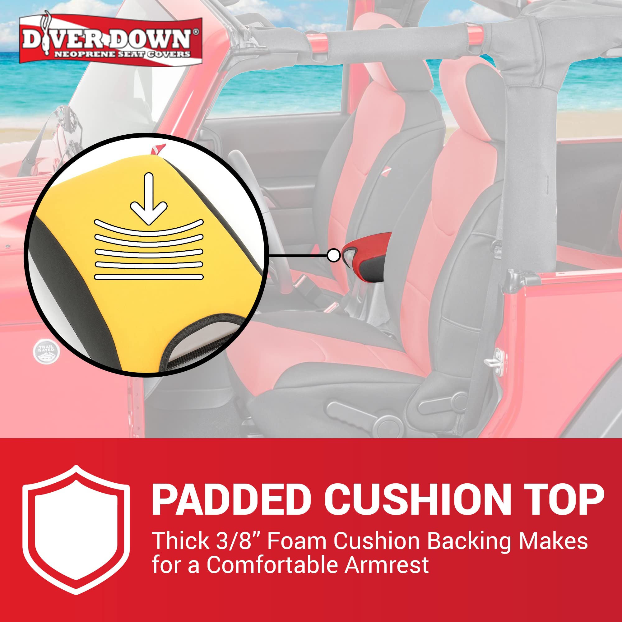 Diver Down Neoprene Center Console Cover - Fits Jeep 2007-2018 JK JKU Wrangler - Cushioned Armrest Cover - Doesn't Burn Your Elbow - Tight Custom Fit - Comfortable Foam Armrest Pad (11-18 Red)