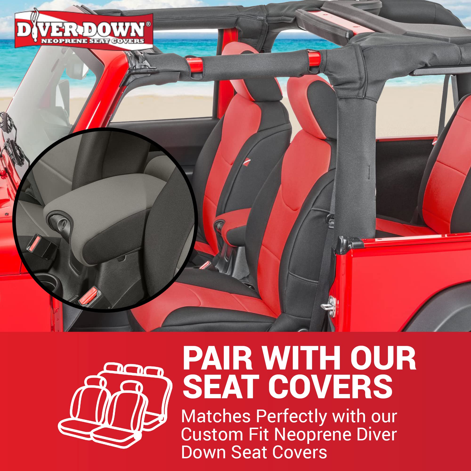Diver Down Neoprene Center Console Cover - Fits Jeep 2007-2018 JK JKU Wrangler - Cushioned Armrest Cover - Doesn't Burn Your Elbow - Tight Custom Fit - Comfortable Foam Armrest Pad (11-18 Red)