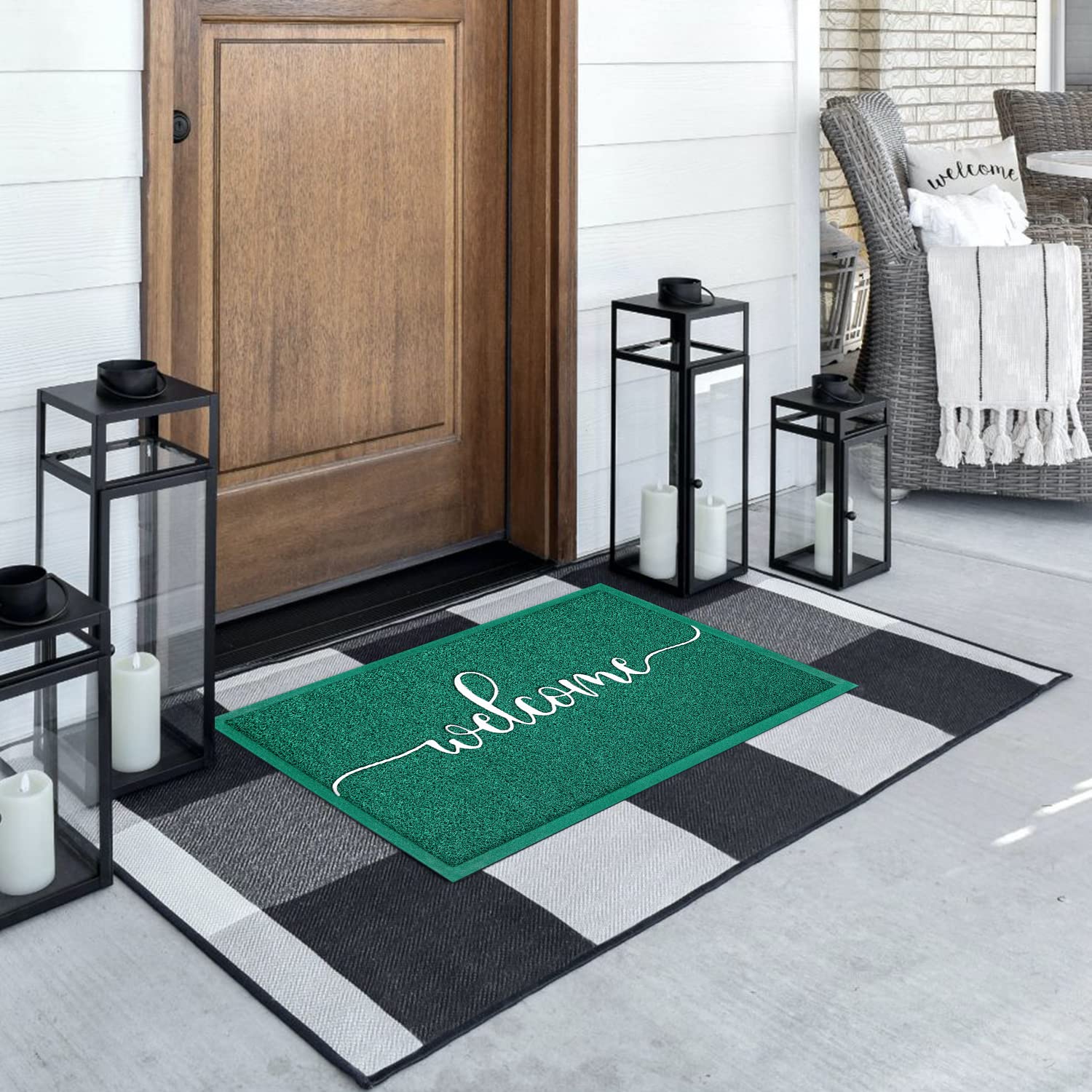 AAZZKANG Green Door Mat Outdoor Welcome Mat with Non Slip Rubber Backing Easy to Clean Entry Doormat for Indoor High Traffic Areas Front Door