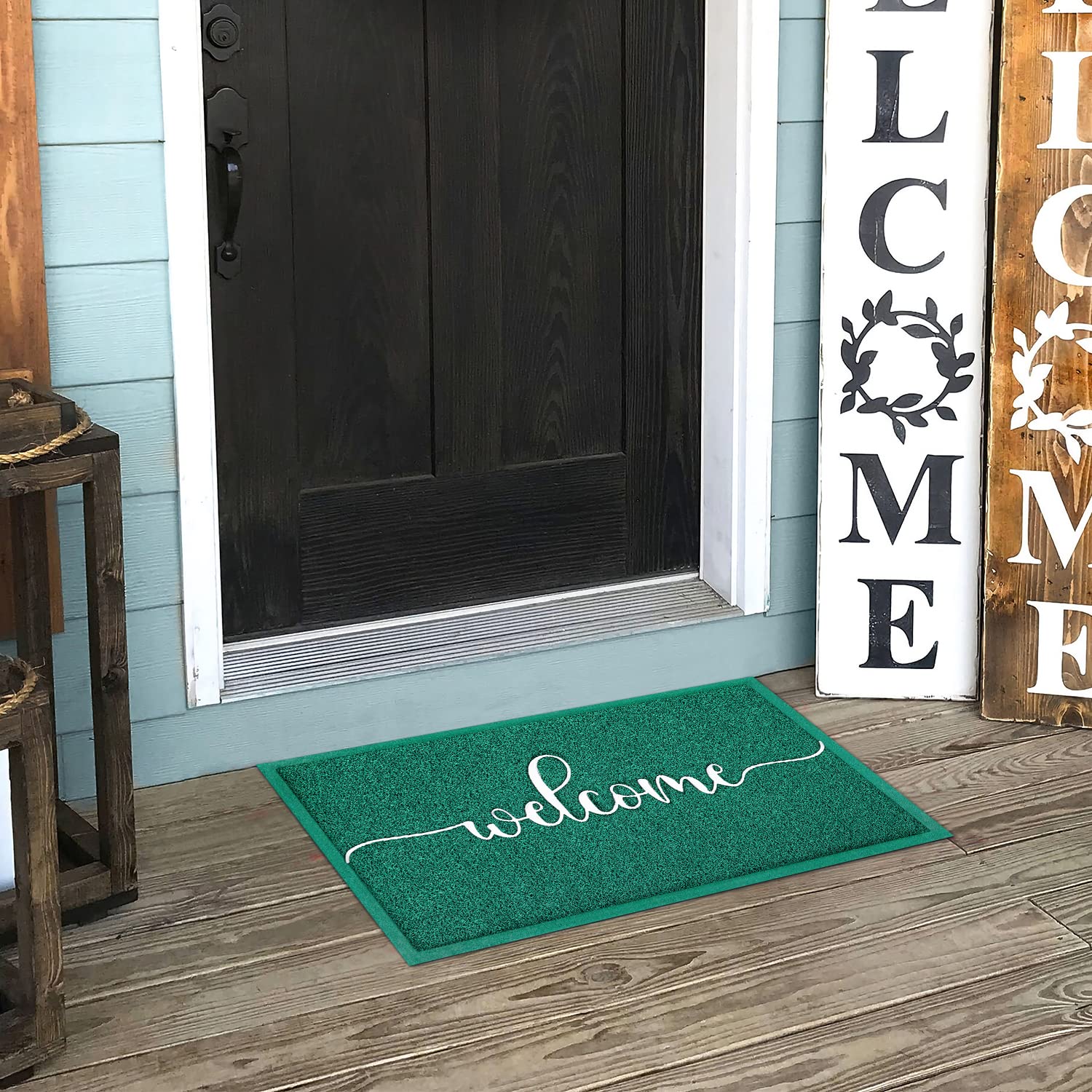AAZZKANG Green Door Mat Outdoor Welcome Mat with Non Slip Rubber Backing Easy to Clean Entry Doormat for Indoor High Traffic Areas Front Door