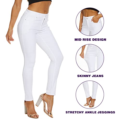 LICTZNEE Womens Skinny Jeans Mid Rise, Denim Stretchy Ankle Jeggings Butt Lifting Pants with Pockets White(6)