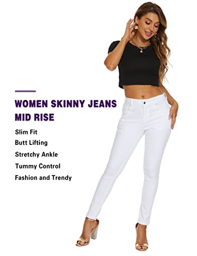 LICTZNEE Womens Skinny Jeans Mid Rise, Denim Stretchy Ankle Jeggings Butt Lifting Pants with Pockets White(6)