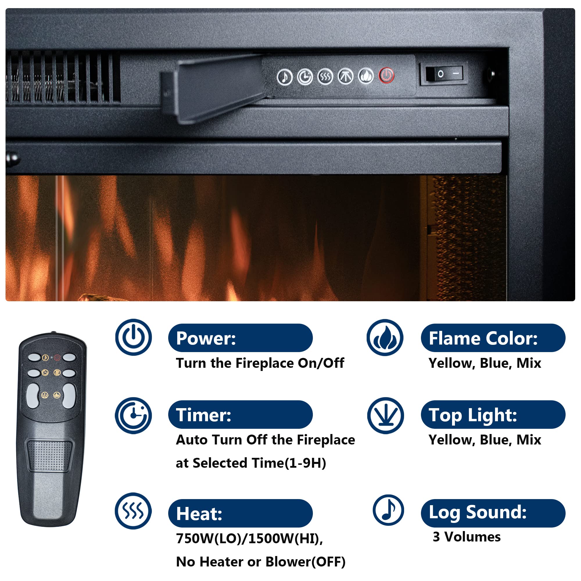 Velaychimney Electric Fireplace Insert, 36 Inches Recessed Fireplace Heater with Adjustable Flame and Top Light Colors, Fire Crackling Sound, Remote Control, Timer, 750W/1500W, Black