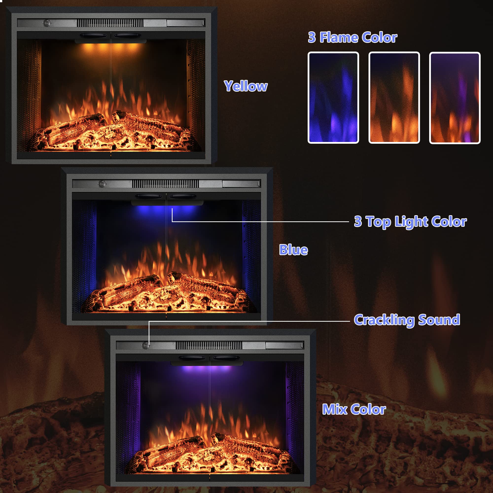 Velaychimney Electric Fireplace Insert, 36 Inches Recessed Fireplace Heater with Adjustable Flame and Top Light Colors, Fire Crackling Sound, Remote Control, Timer, 750W/1500W, Black