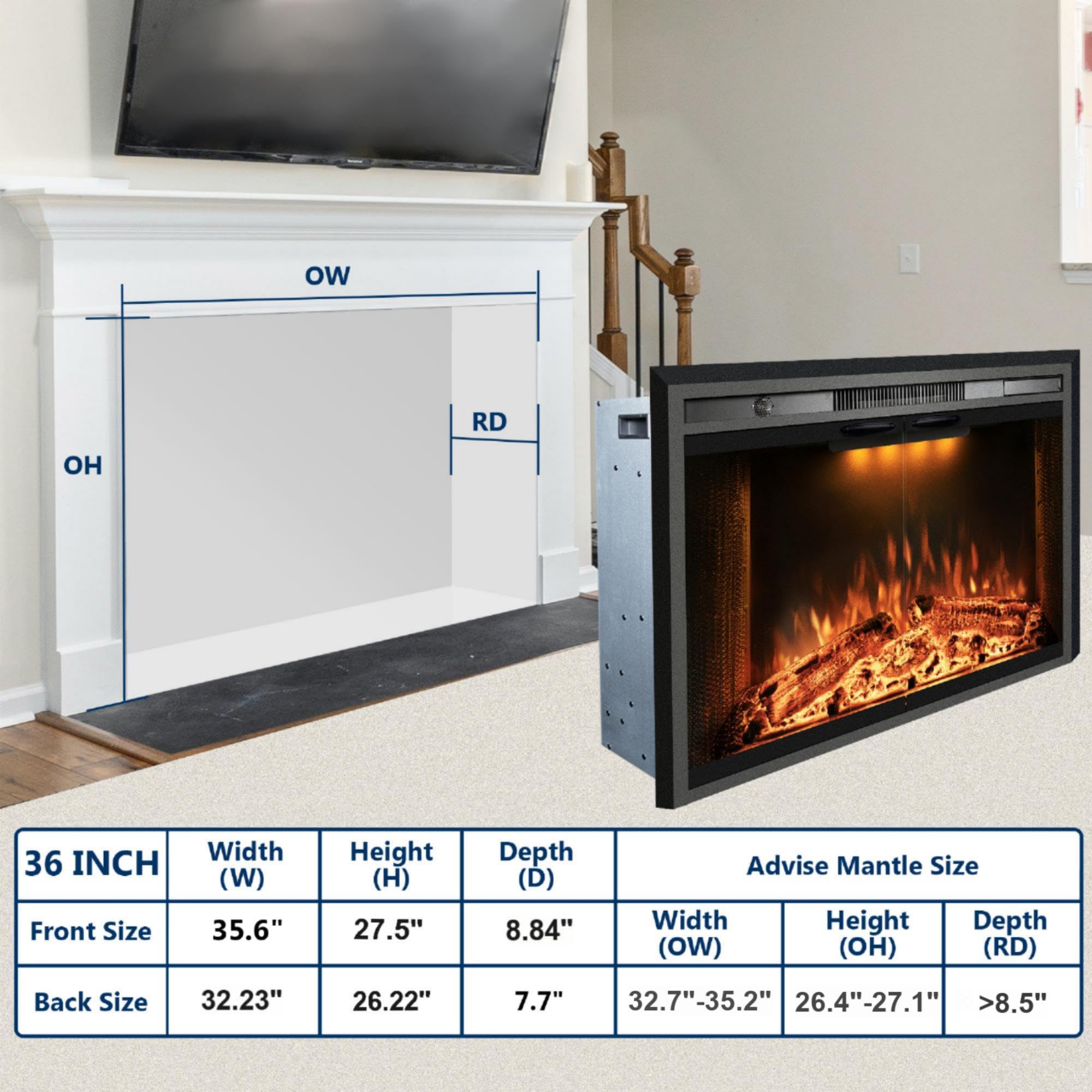 Velaychimney Electric Fireplace Insert, 36 Inches Recessed Fireplace Heater with Adjustable Flame and Top Light Colors, Fire Crackling Sound, Remote Control, Timer, 750W/1500W, Black