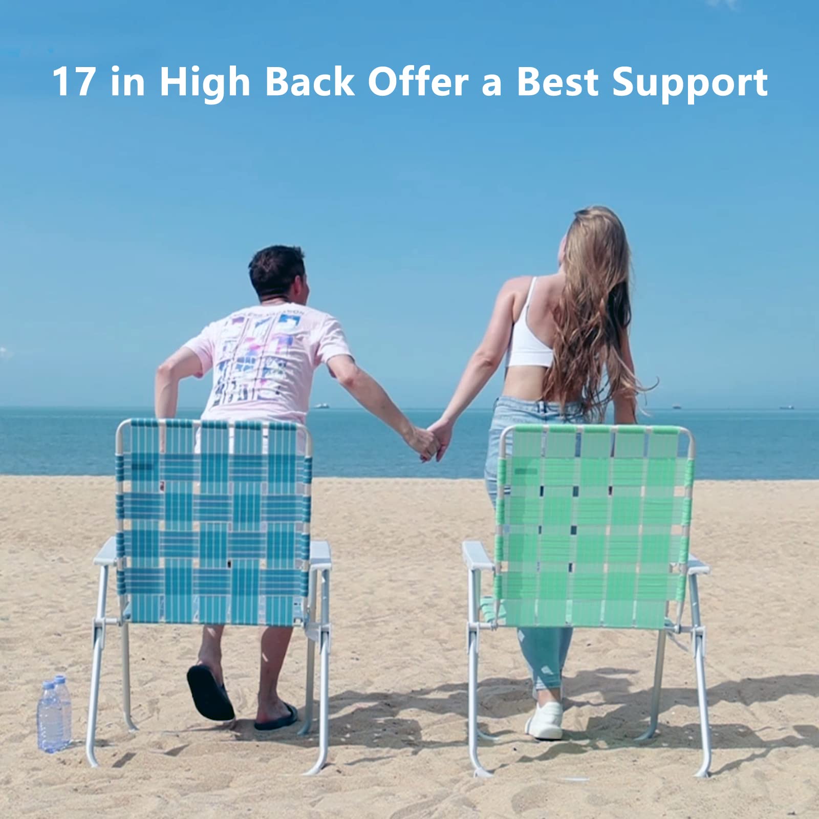 #WEJOY 2 Packs Extra Wide Aluminum Foldable Beach Chairs, High Back, Arm Rest, Lightweight, Portable, Blue