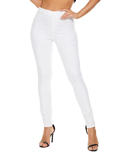 LICTZNEE Jeggings for Women High Waist, Stretchy Pull on Skinny Denim Jean Legging for Women with Pockets, Soft Breathable Cotton Blend, (White,Small)