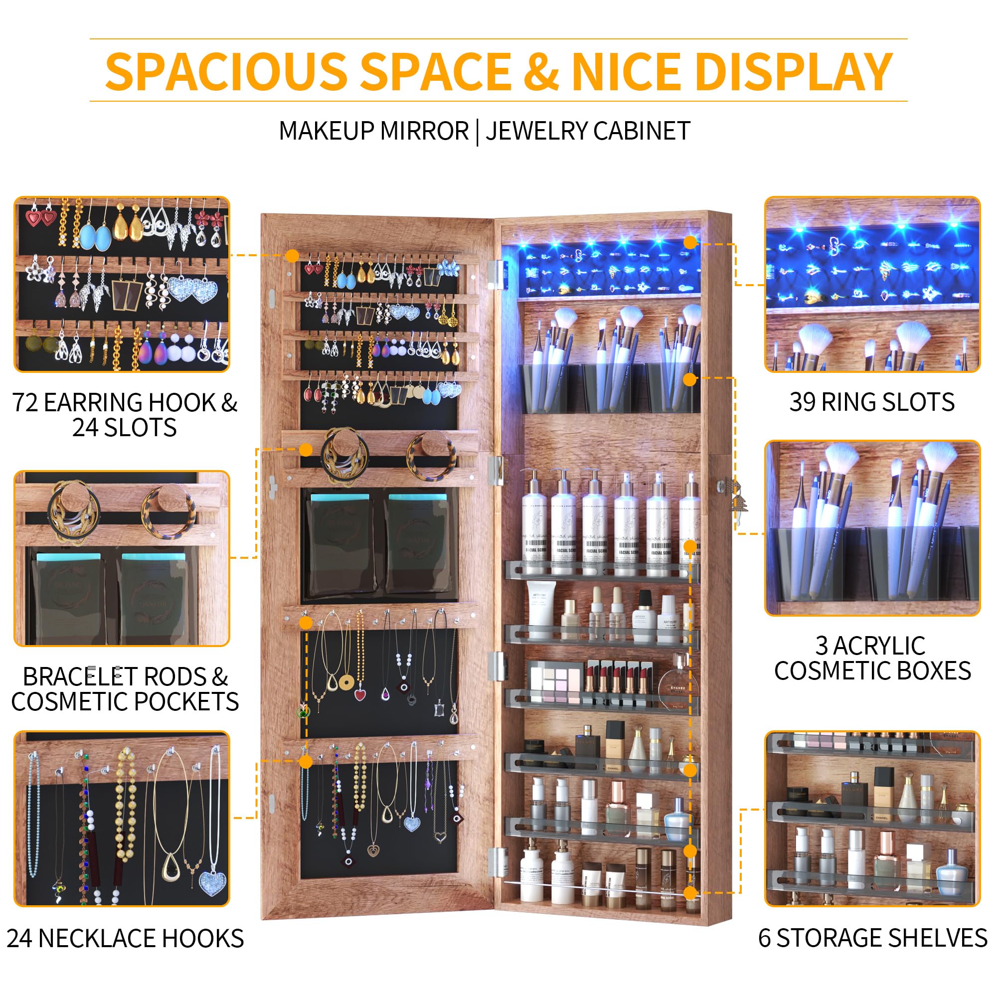 LVSOMT LED Wall/Door Mounted Jewelry Cabinet Armoire, Full Length Mirror with Lights, Lockable Storage Organizer, Over the Door Hanging Dressing Body Mirror (Wood)